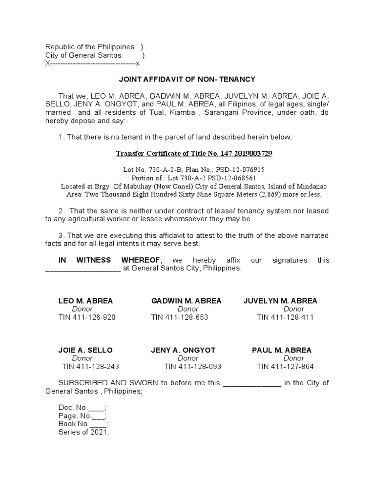Joint Affidavit of Non Tenancy | PDF
