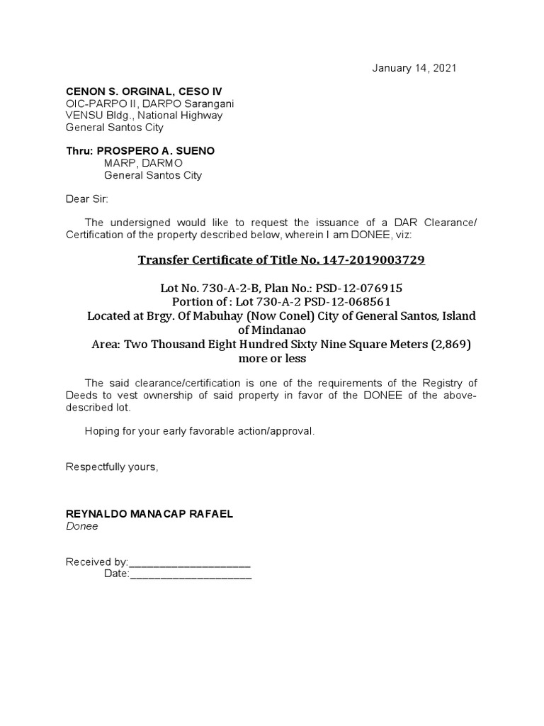 DAR Clearance Request for Property Ownership | PDF | Law