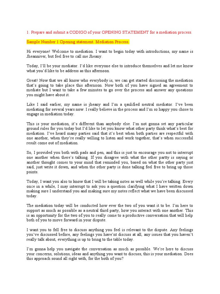 Prepare and Submit A CODIGO of Your OPENING STATEMENT For A Mediation ...