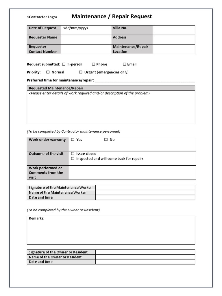 Maintenance Repair Request Form | PDF