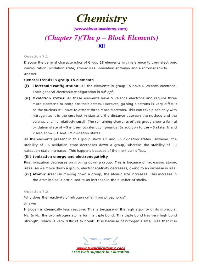 12 Chemistry NcertSolutions Chapter 7 Exercises PDF | PDF | Nitrogen ...