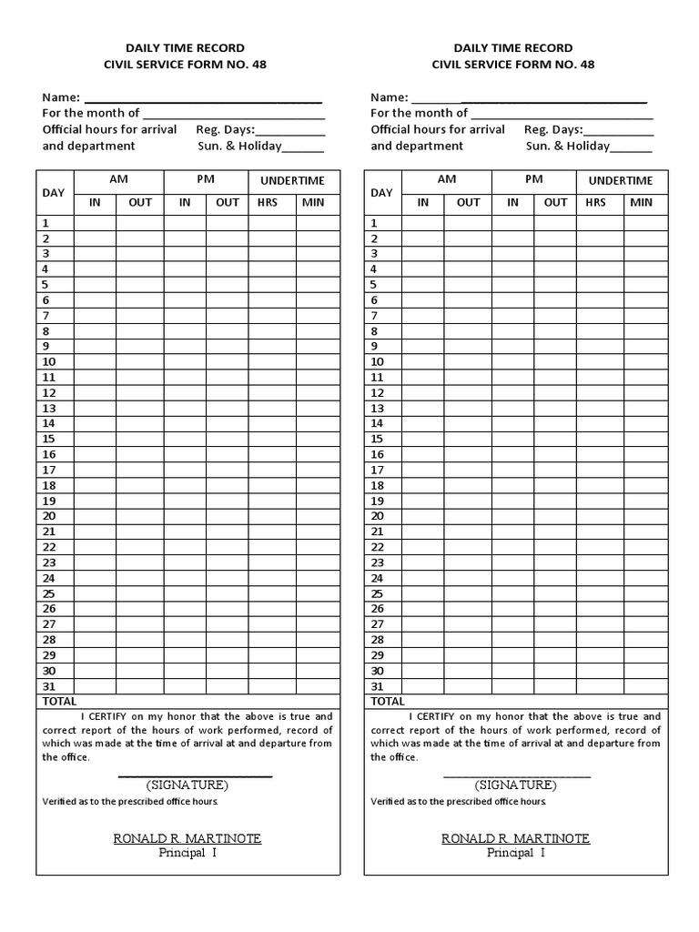 Daily Time Record Civil Service Form No. 48 Daily Time Record Civil ...