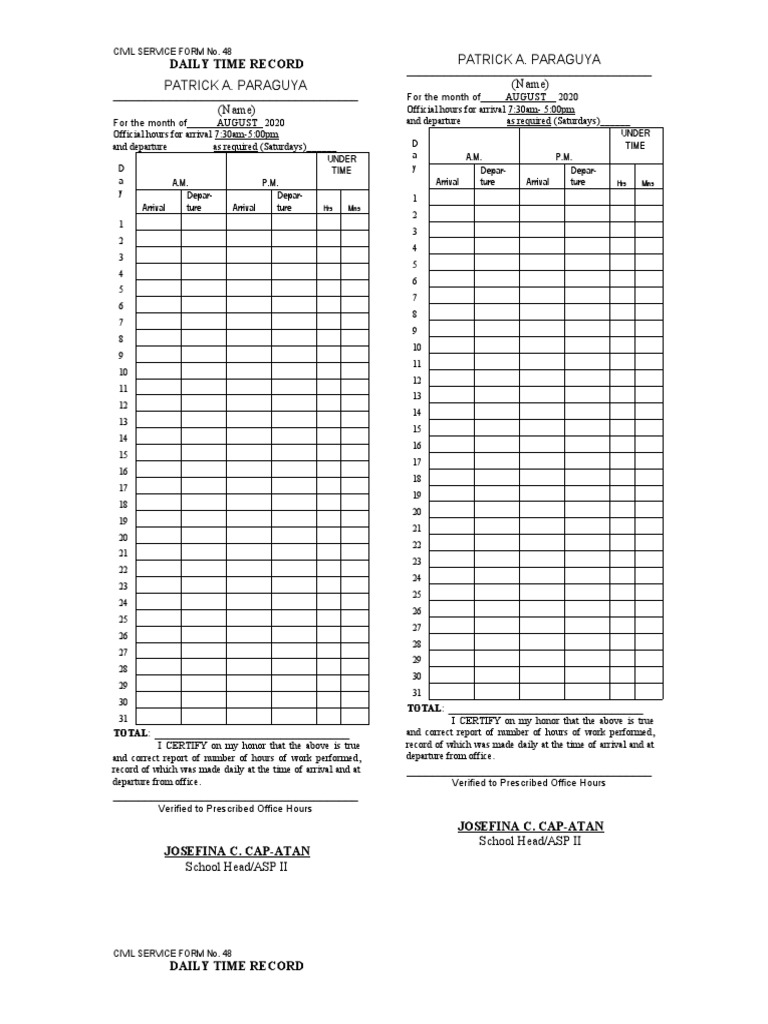 Daily Time Record Form for August 2020 | PDF