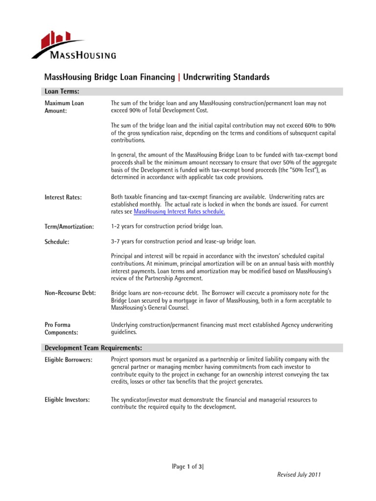 Masshousing Bridge Loan Financing Underwriting Standards | PDF ...