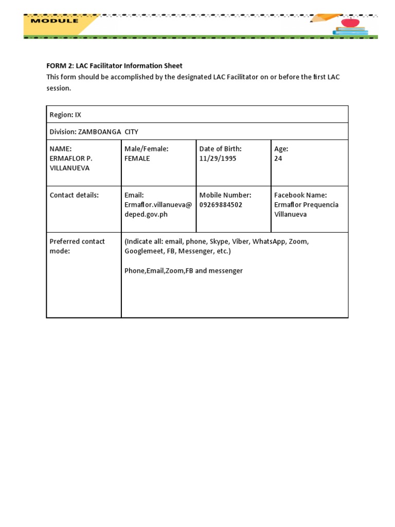 Form 2. LAC Facilitator Information Sheet | PDF