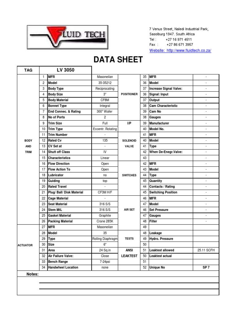 Data Sheet: Website: HTTP://WWW - Fluidtech.co - Za | PDF | Valve ...
