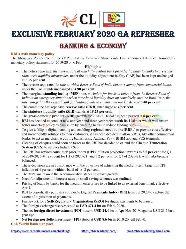 EXCLUSIVE FEBRUARY 2020 GA Refresher: Banking & Economy | PDF | Reserve ...