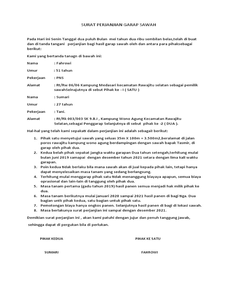 Surat Perjanjian Garap Sawah | PDF
