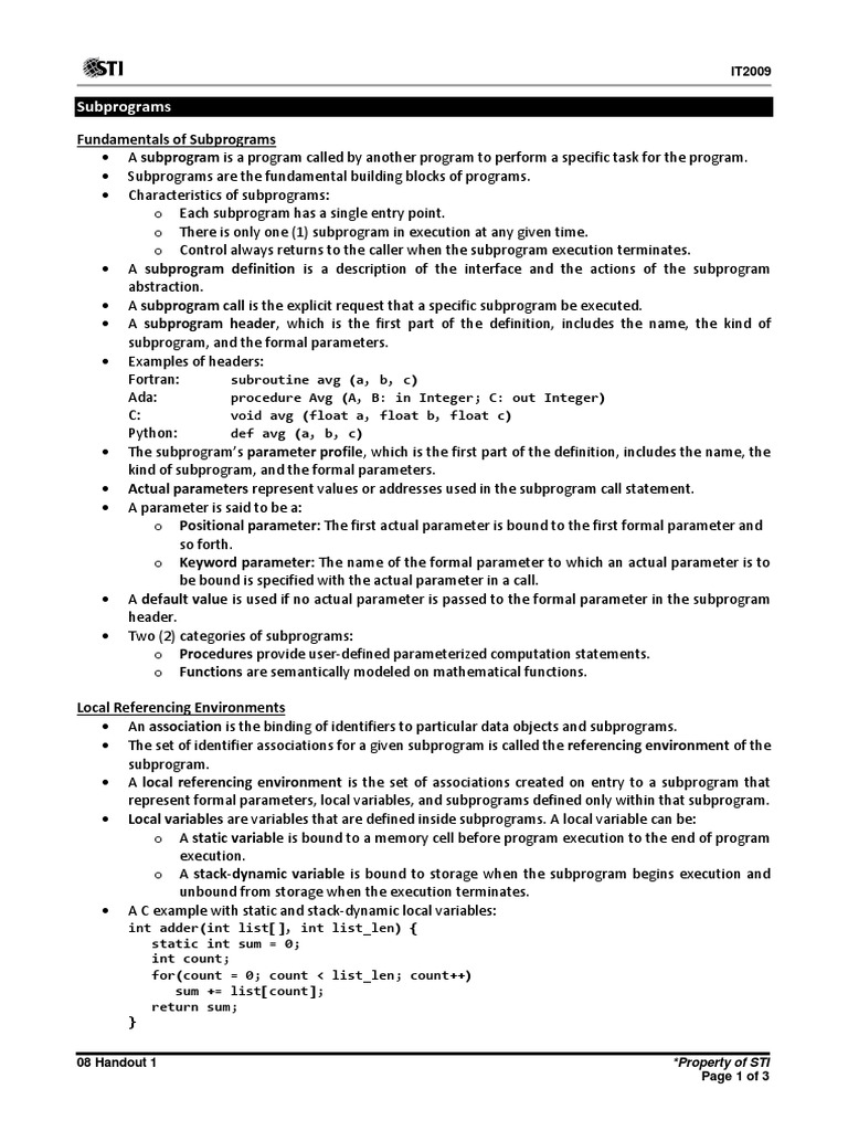 Fundamentals of Subprograms | PDF | Parameter (Computer Programming) | Subroutine
