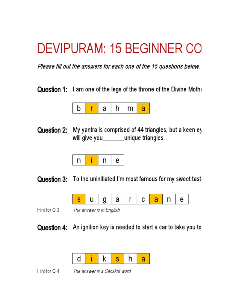 Devipuram: 15 Beginner Course Riddles Answer Sheet: B R Ahma | Download ...
