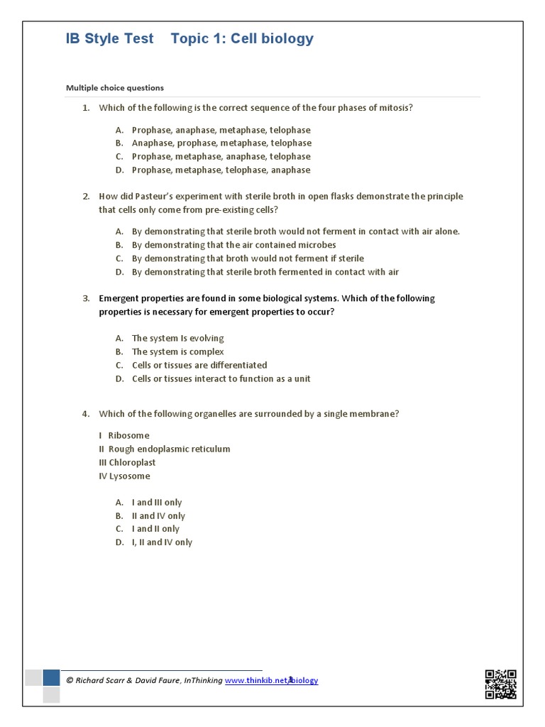 IB Style Test Topic 1: Cell Biology: Multiple Choice Questions | PDF ...