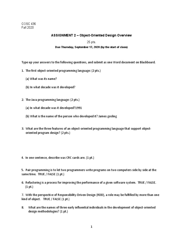 ASSIGNMENT 2 - Object-Oriented Design Overview: COSC 436 Fall 2020 | PDF