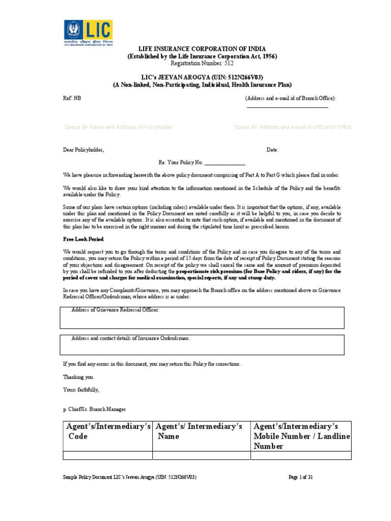 Sample Policy Document - LIC S Jeevan Arogya - UIN - 512N266V03 | PDF ...