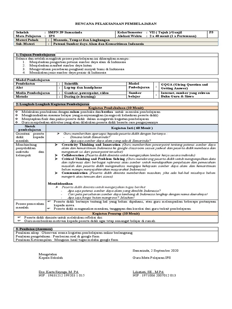 RPP IPS Kelas 7: Sumber Daya Alam Indonesia | PDF
