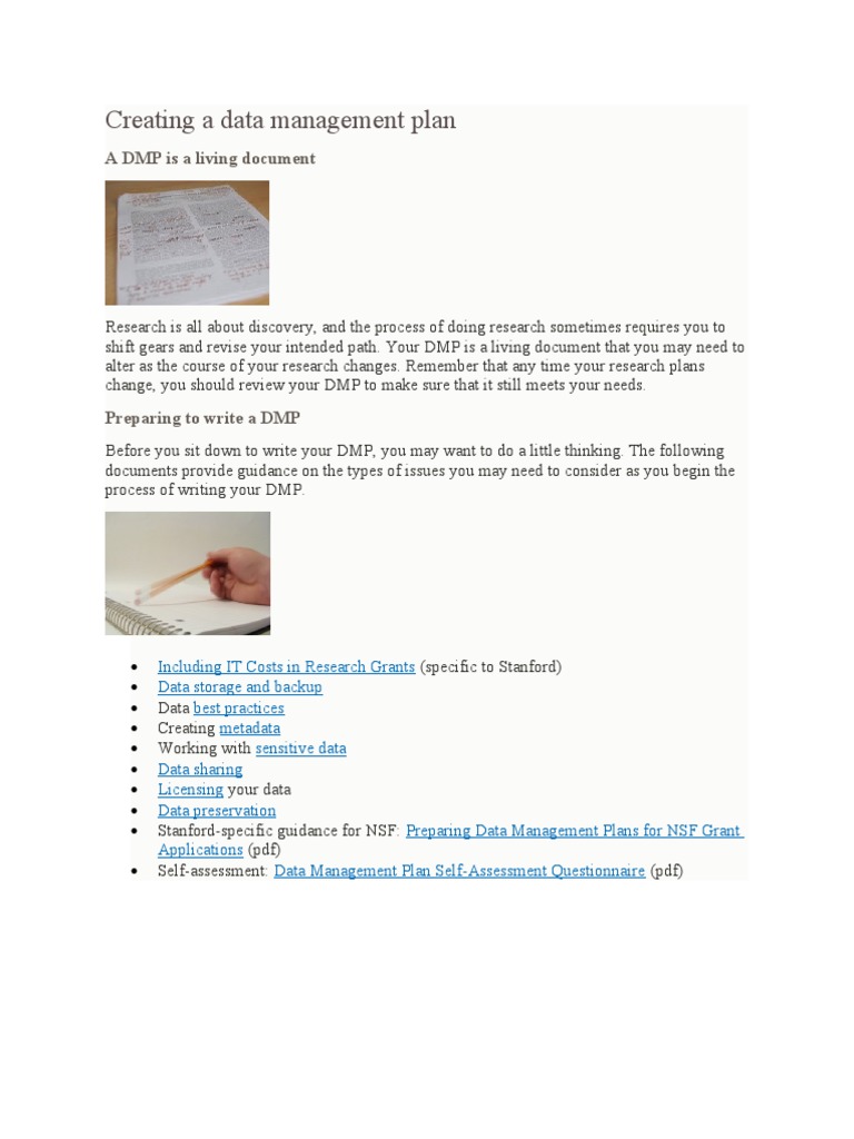 Creating A Data Management Plan: A DMP Is A Living Document | PDF