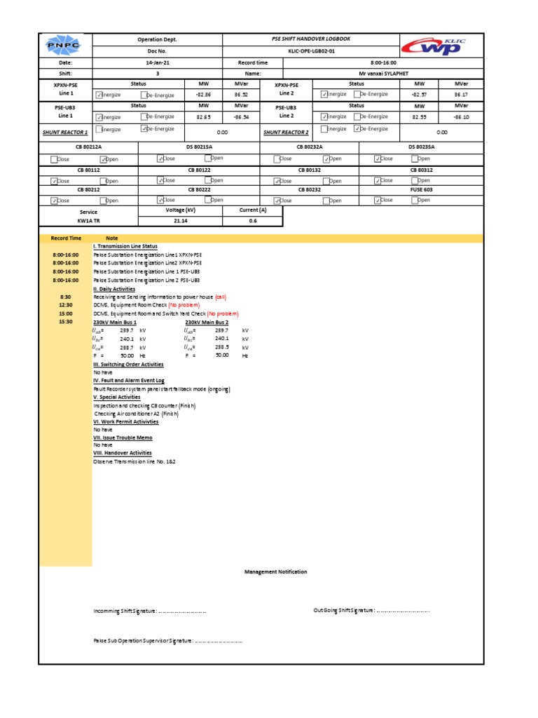 Vanxai's Substation Handover Log | PDF | Electrical Substation | Force