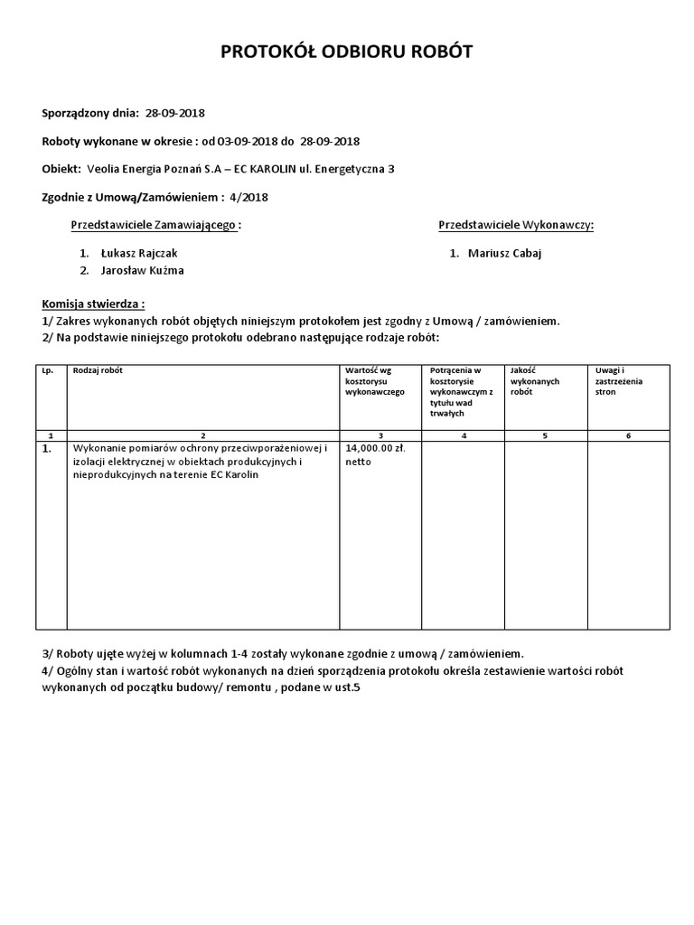 PROTOKÓŁ ODBIORU ROBÓT-VEP POMIARY Wrzesień | PDF