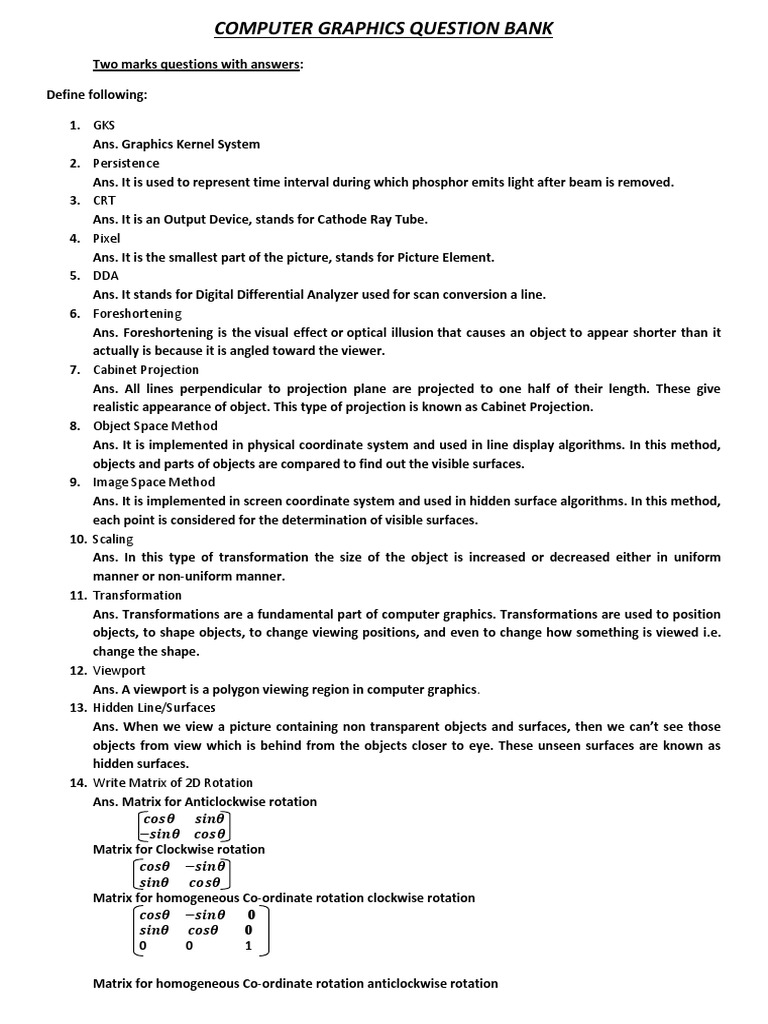 Computer Graphics Question Bank | PDF