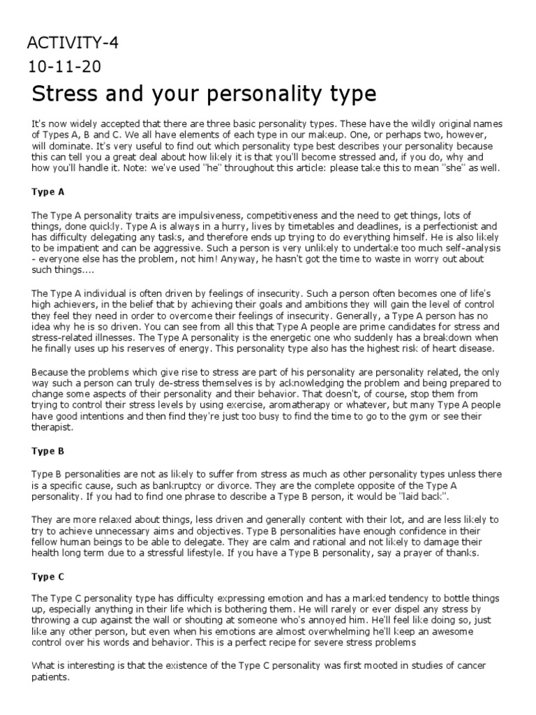 Stress & Personality Types Guide | PDF | Personality Type | Emotions