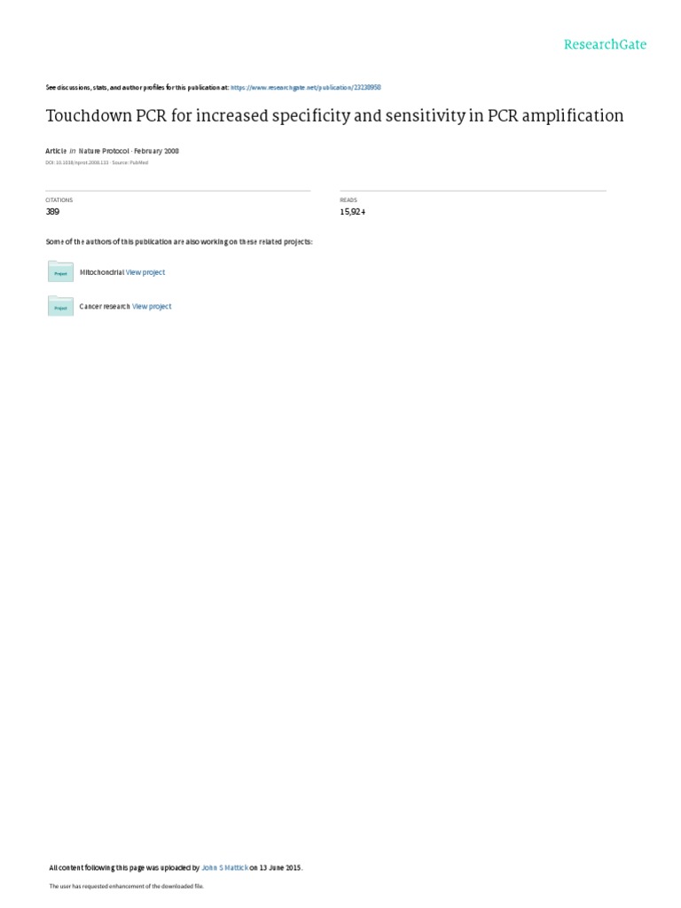 Touchdown PCR For Increased Specificity and Sensitivity in PCR ...