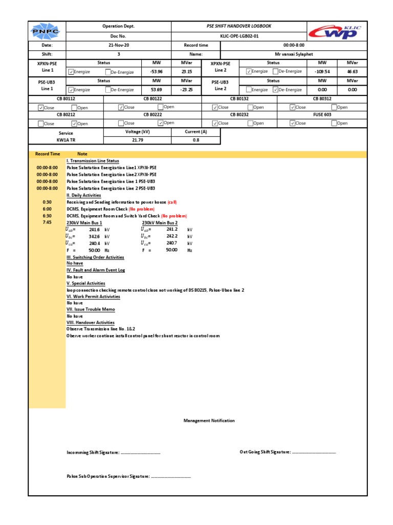 21-Nov-2020 Shift C Logbook Operator Pakse - 00-8 | PDF | Electrical ...