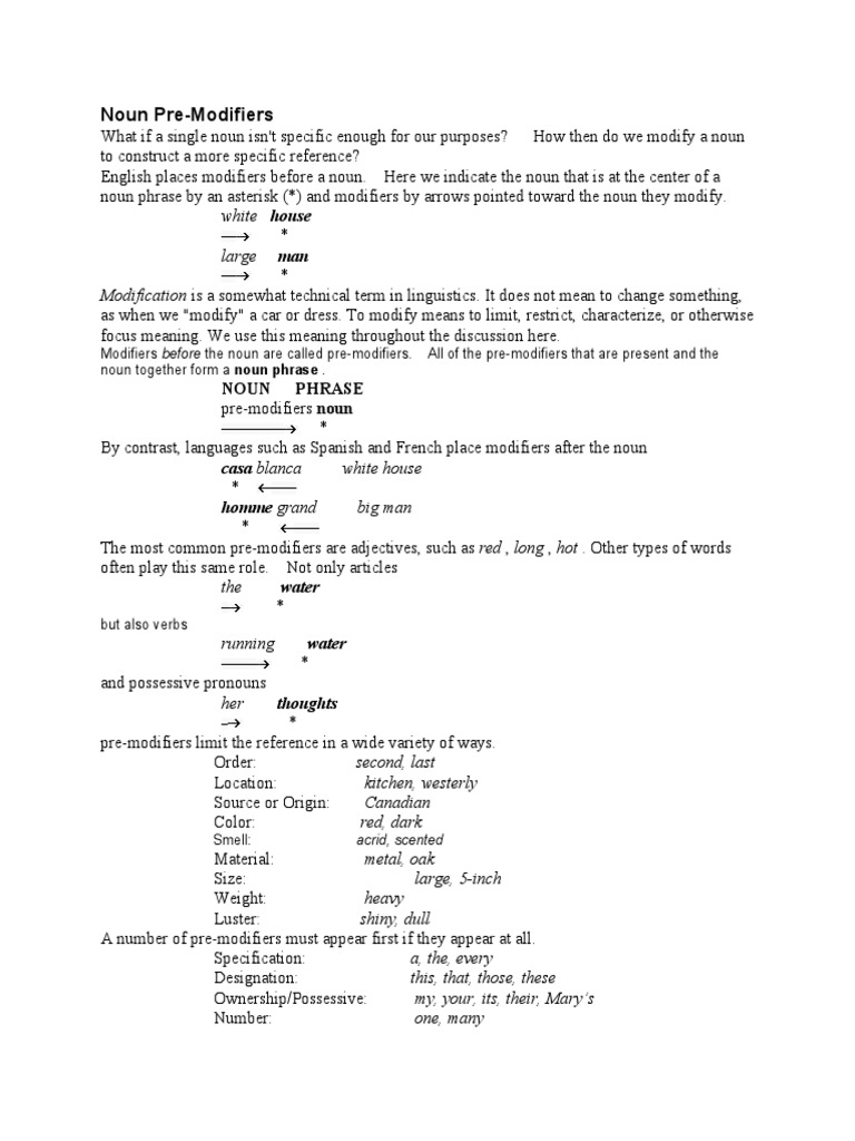 Noun Pre-Modifiers and Post-Modifiers Explained | PDF | Noun | Phrase