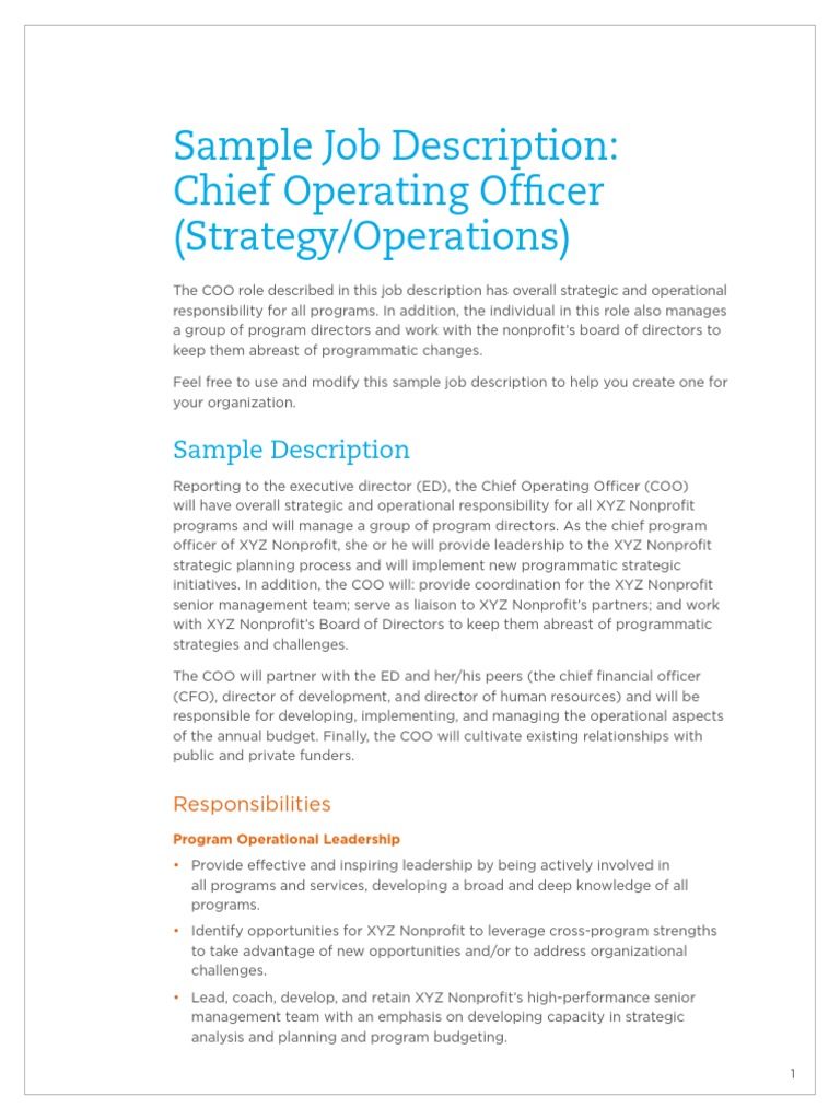 Sample Job Description: Chief Operating Officer (Strategy/Operations ...