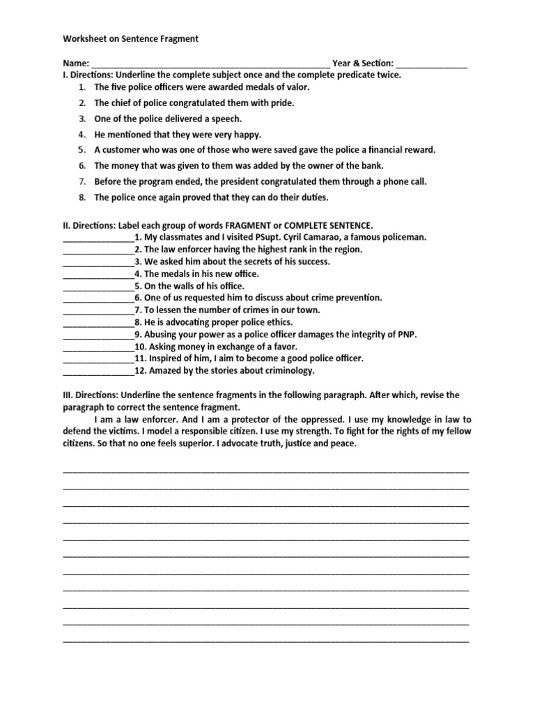 Worksheet On Sentence Fragment | PDF | Police | Criminology