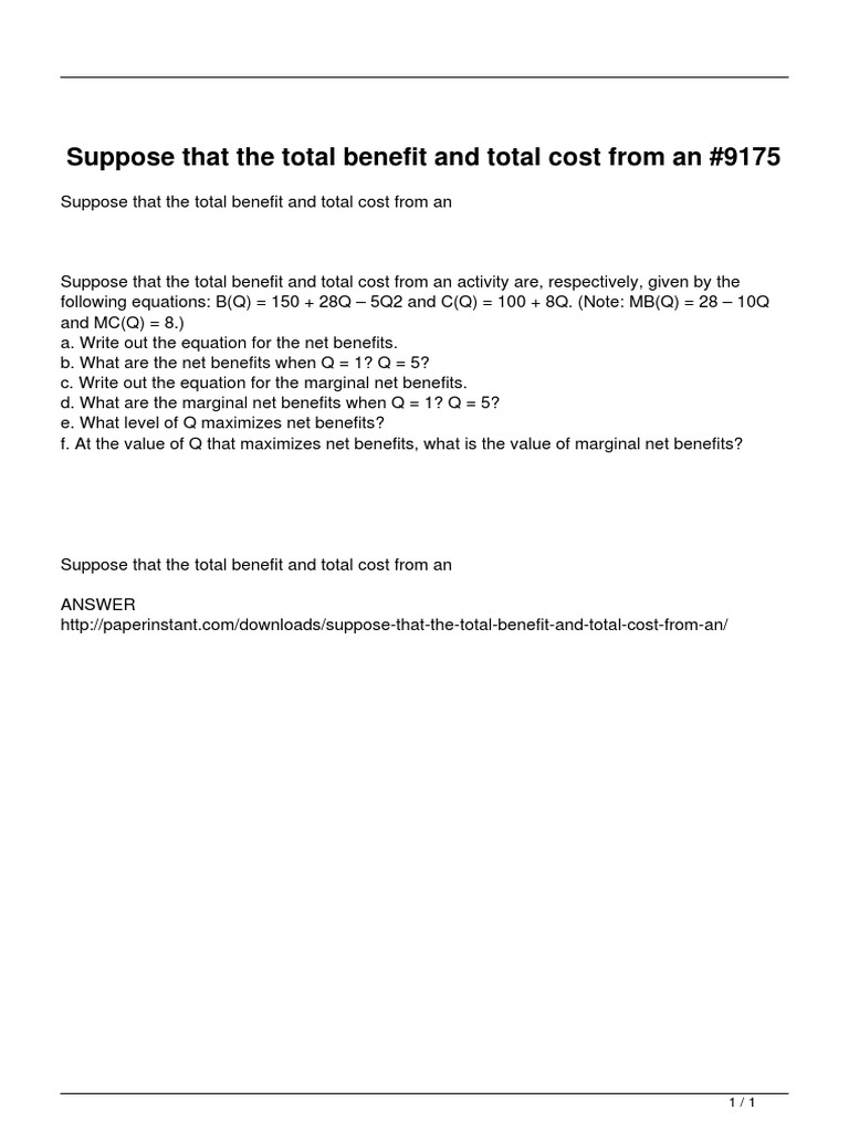 Suppose That The Total Benefit and Total Cost From An | PDF