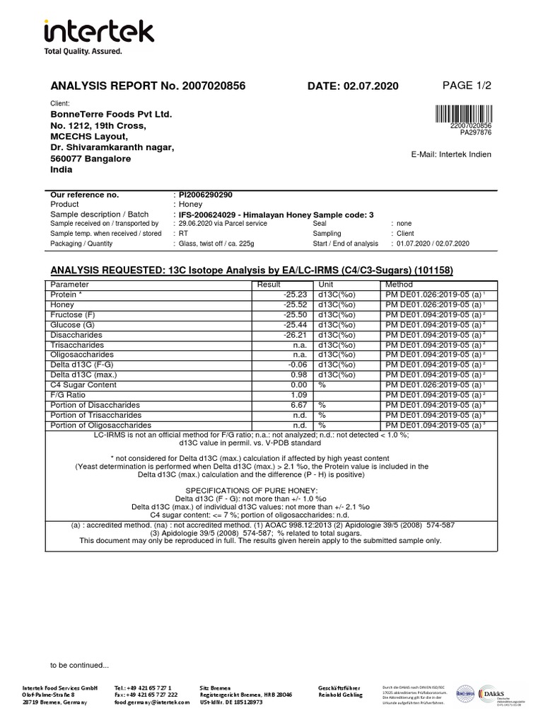 Honey & SpicE INTERTEK Test Report | PDF | Chemistry | Nature