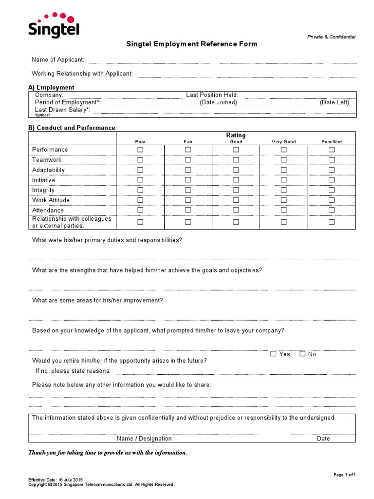 Singtel - Reference Check Form (P & O) | PDF | Labour | Business
