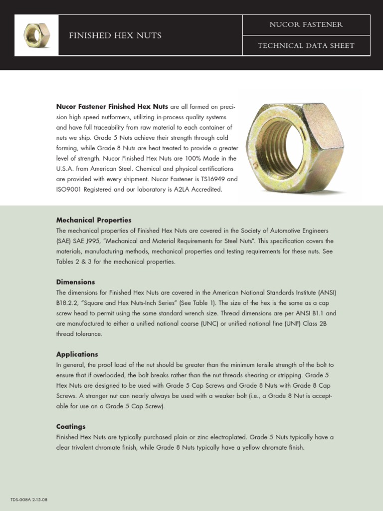 Nucor Fastener Finished Hex Nuts Are All Formed On Preci | Download ...