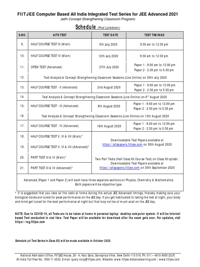 FIITJEE Computer Based All India Integrated Test Series Schedule and ...