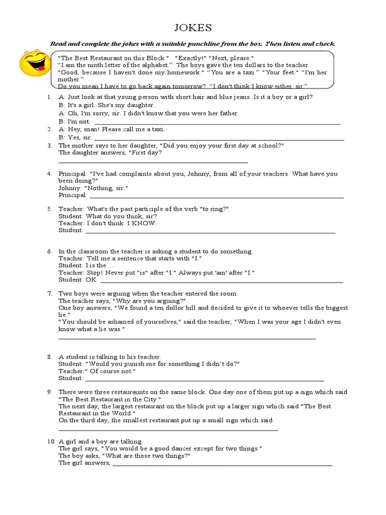 Jokes: Read and Complete The Jokes With A Suitable Punchline From The ...