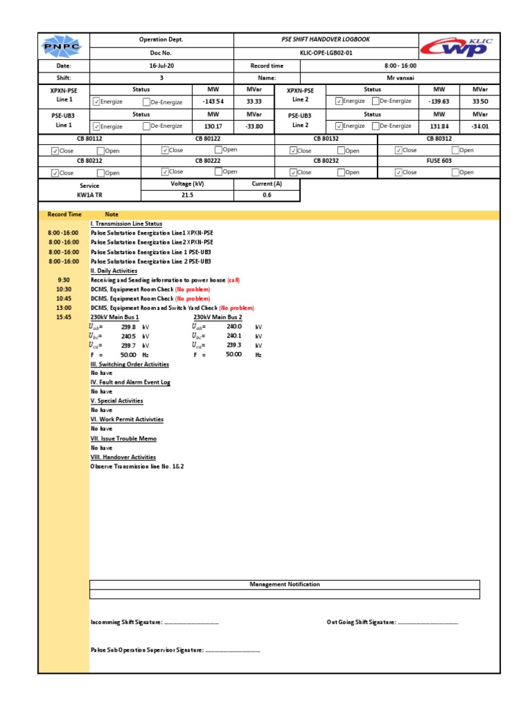 Pakse Substation Daily Operations Log | PDF | Electrical Substation ...