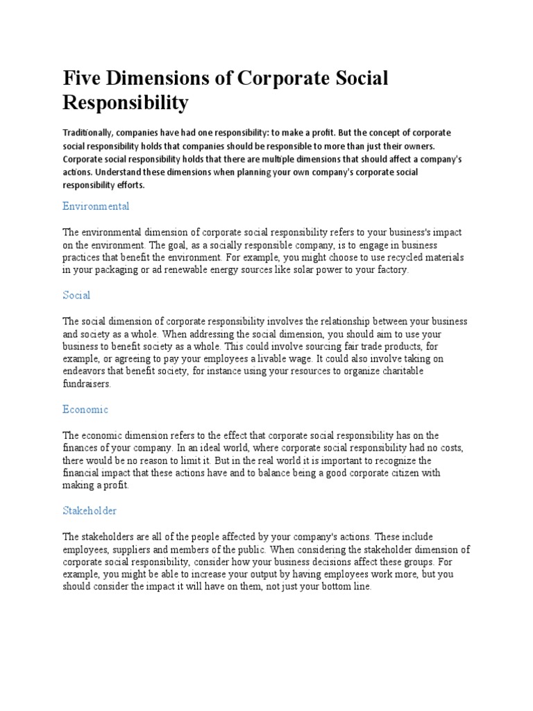 Five Dimensions of Corporate Social Responsibility | PDF | Corporate ...