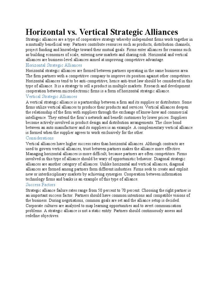 Horizontal vs. Vertical Strategic Alliances | PDF | Strategic ...