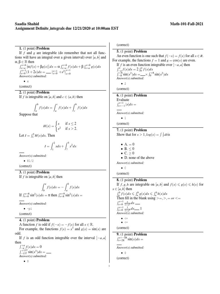 Math 101 Fall 2021.2024 02 0452.definite - Integrals | PDF