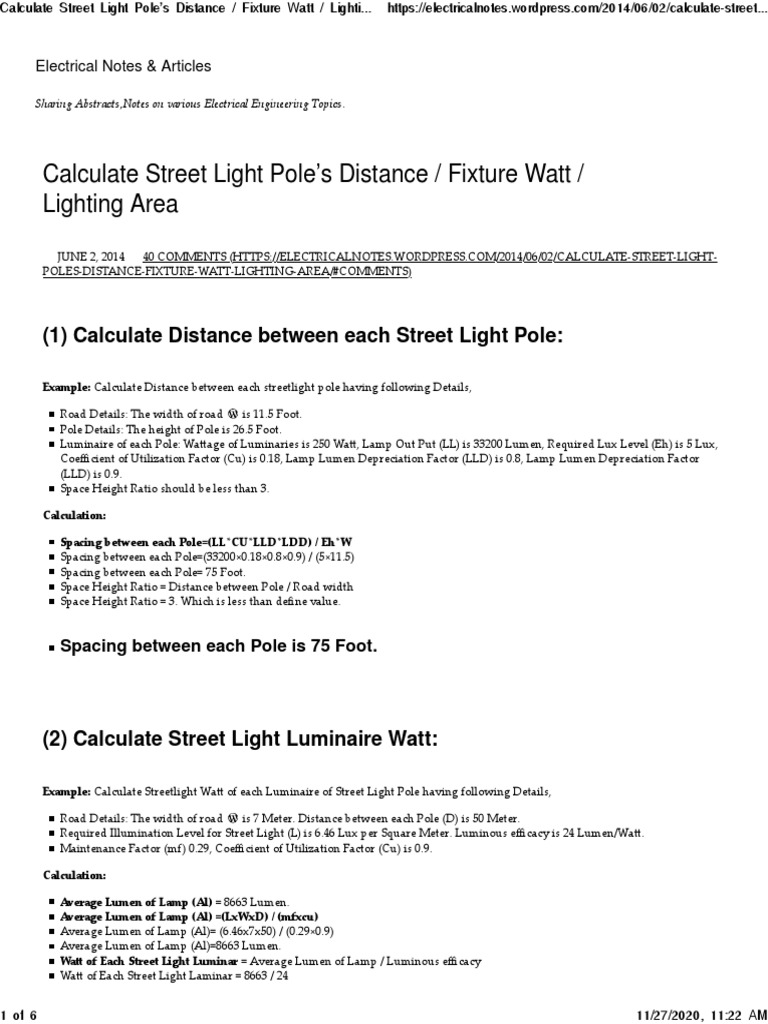 Calculate Street Light Pole's Distance - Fixture Watt - Lighting Area ...