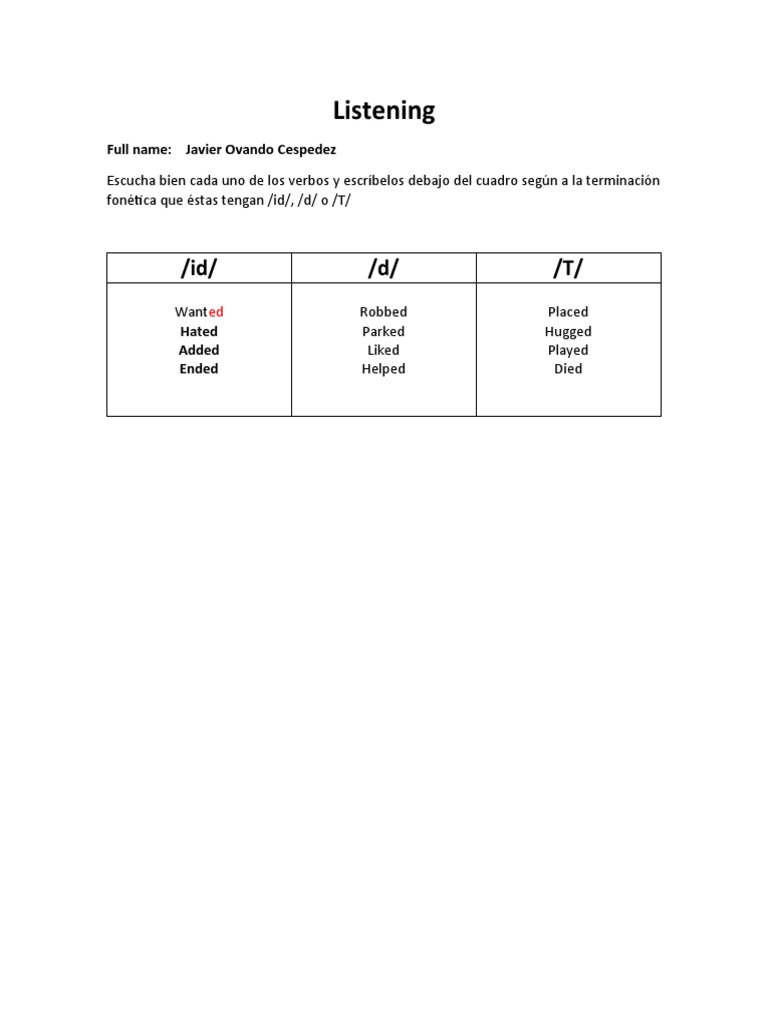 1.listening Verbos Regulares Del Pasado | PDF