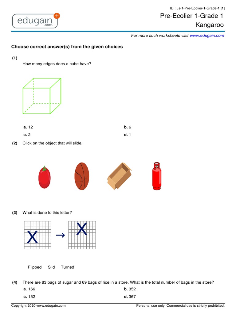 Pre-Ecolier 1-Grade 1 Kangaroo: Choose Correct Answer(s) From The Given Choices | PDF | Vertex ...
