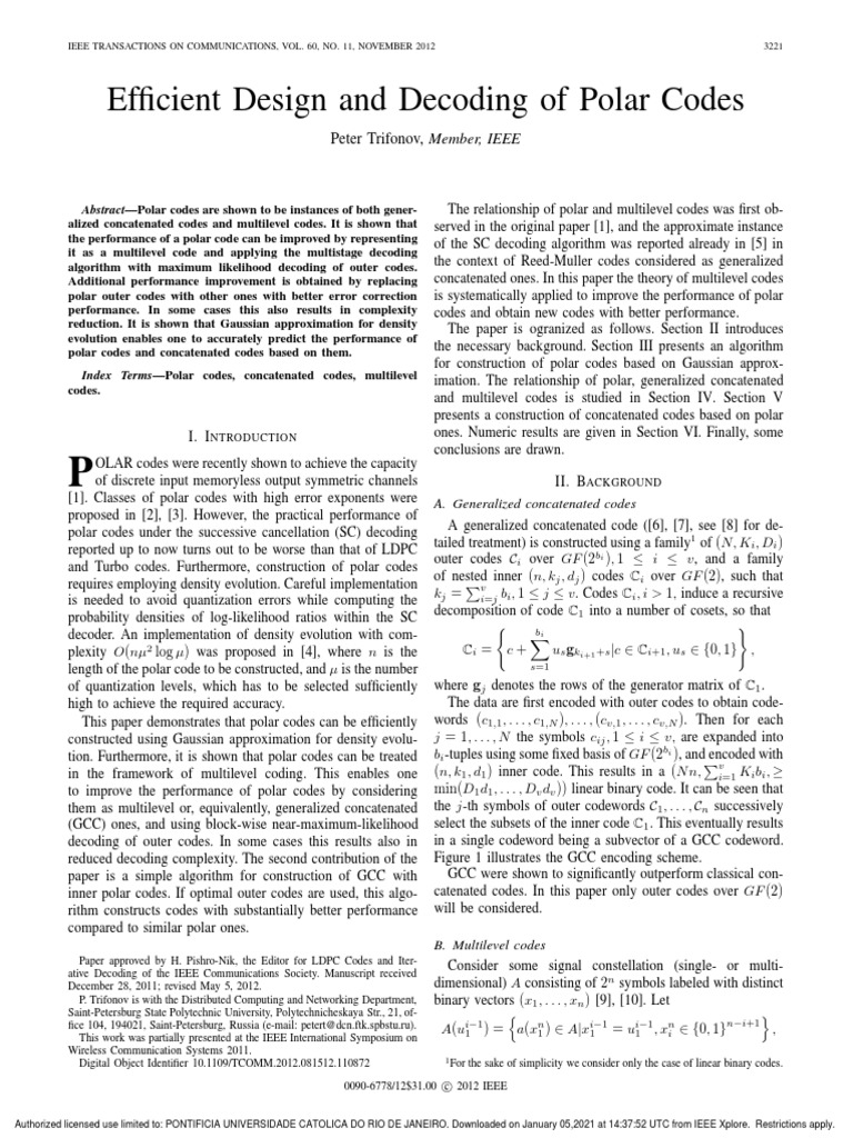 Efficient Design and Decoding of Polar Codes | PDF | Low Density Parity Check Code | Signal ...