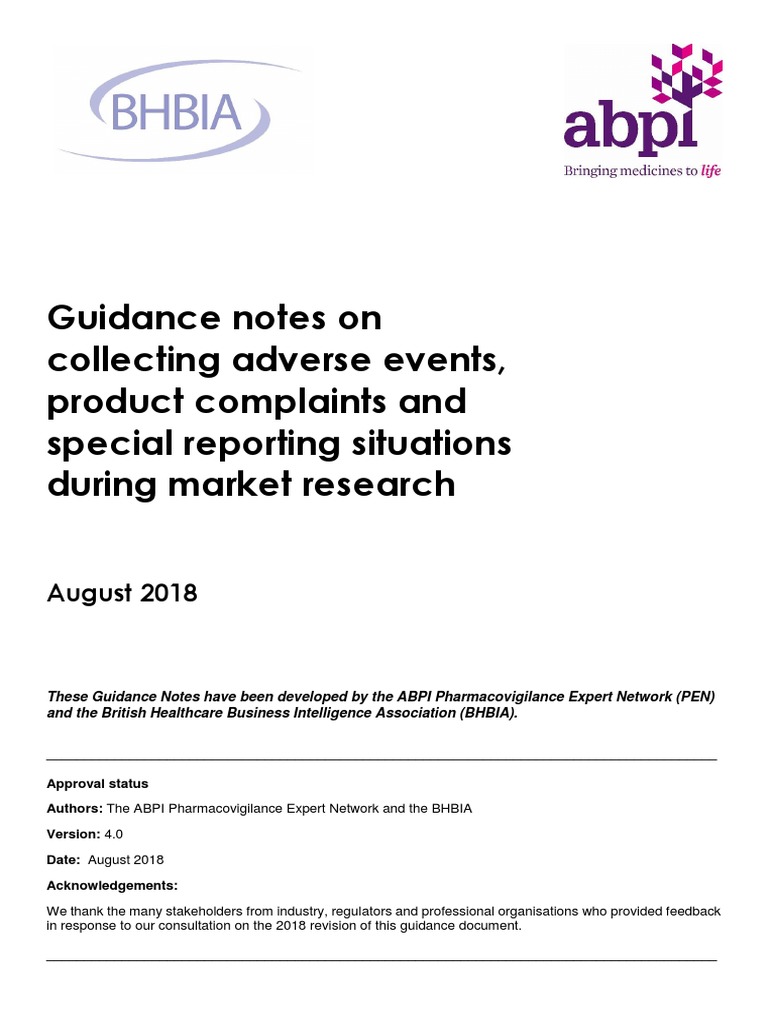 BHBIA (ABPI) - AE, PC, SRS Guidance - August 2018 (Still Current) | PDF | Pharmacovigilance ...