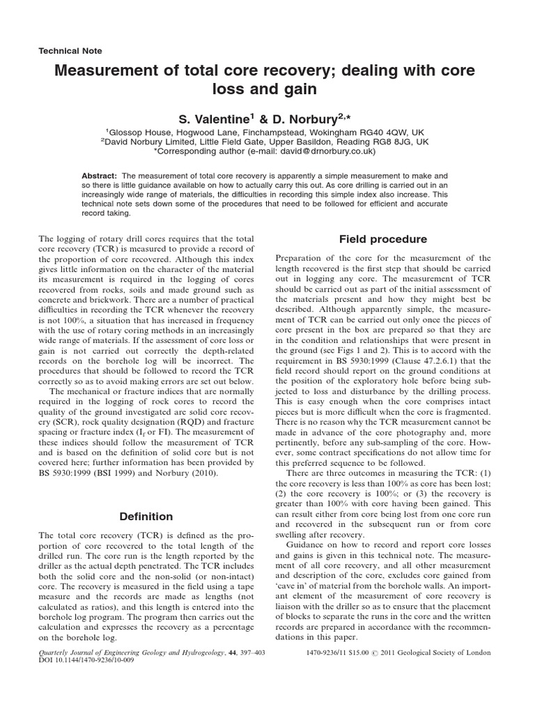 Measurement of Total Core Recovery Dealing With Core Loss and Gain ...