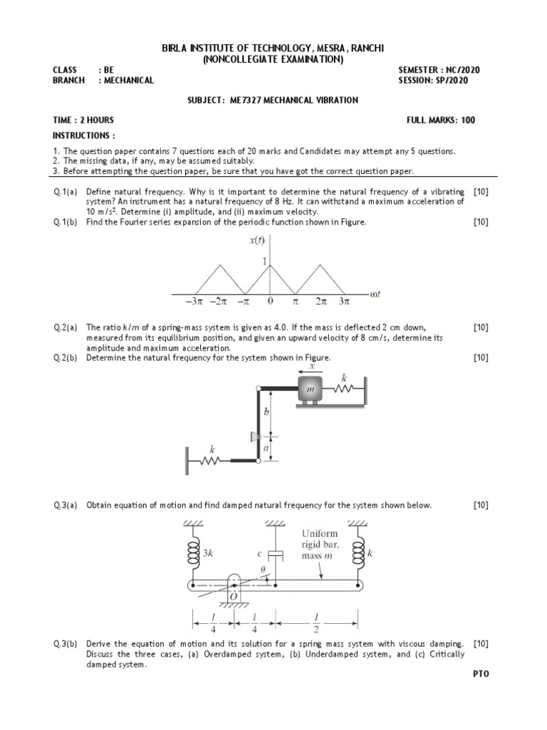 ME7327 MECHANICAL VIBRATION Question Paper | PDF | Motion (Physics ...