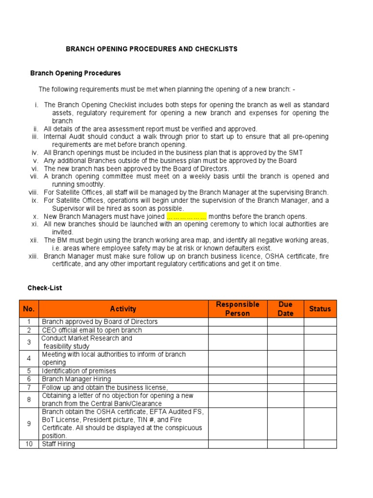 Branch Opening Procedures and Checklists | PDF | Business | Security