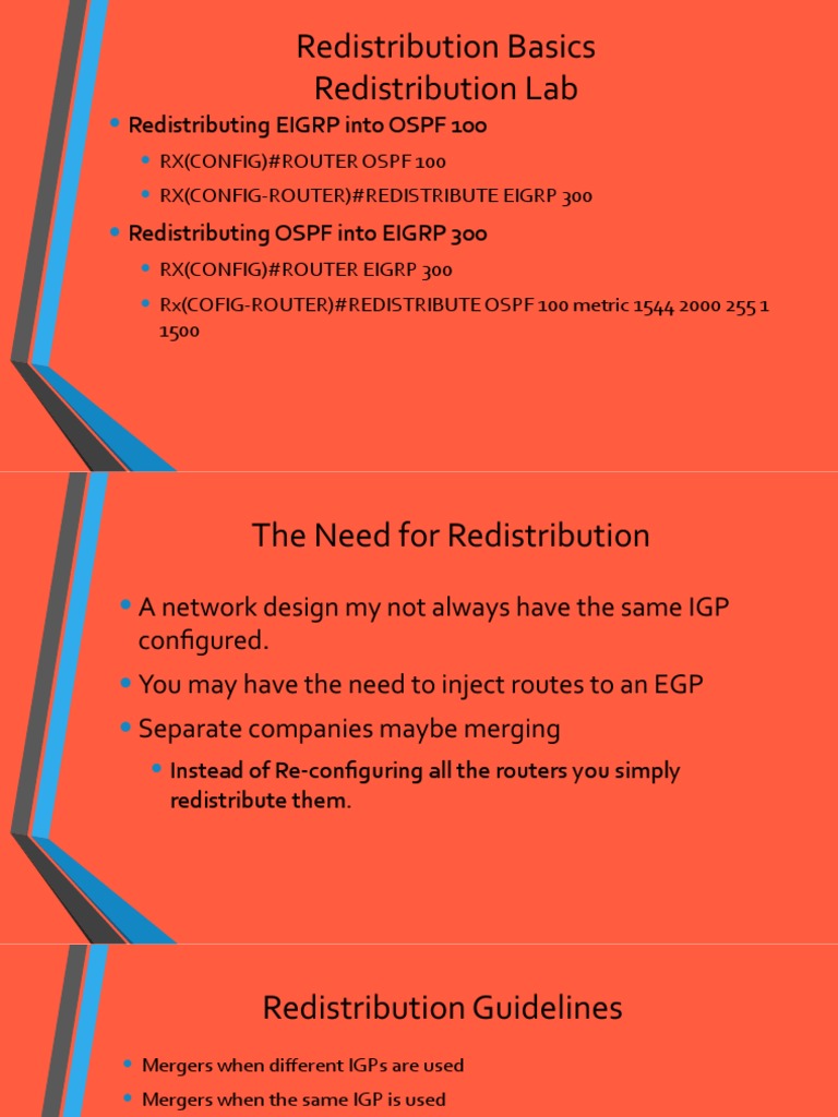Redistribution Basics Redistribution Lab: Redistributing EIGRP Into OSPF 100 | PDF | Computers