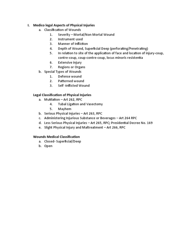 Medicolegal Classification of Physical Injuries | PDF | Law | Wellness