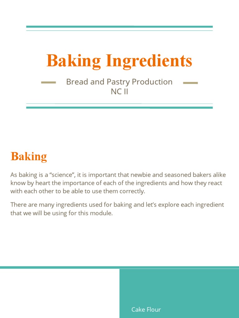 Baking Ingredients: Bread and Pastry Production NC Ii | PDF | Flour ...
