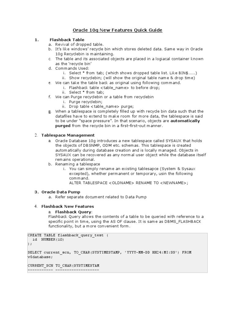 Oracle 10g New Features Quick Guide | PDF | Oracle Database | Databases